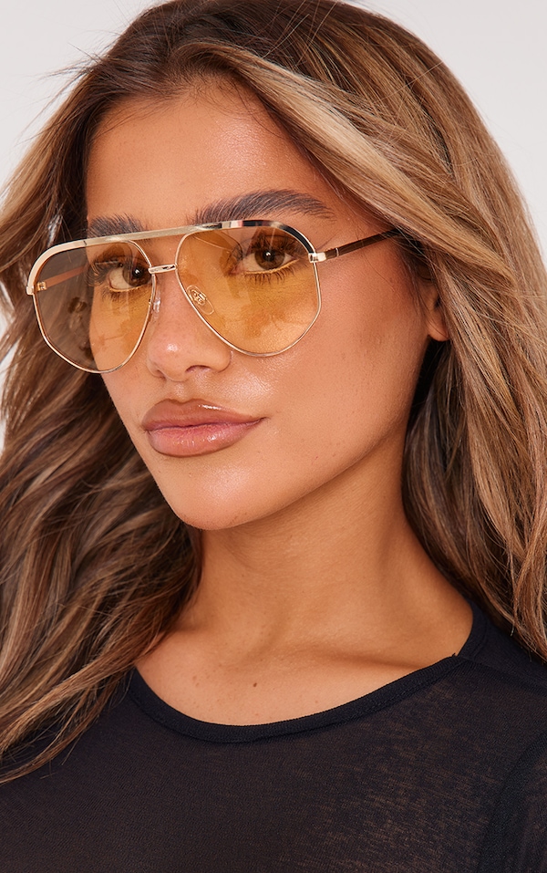 Orange Lens Gold Bar Aviator Sunglasses | PrettyLittleThing