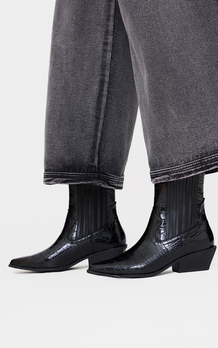 Black Croc Low Block Heel Western Ankle Boots | Footwear ...
