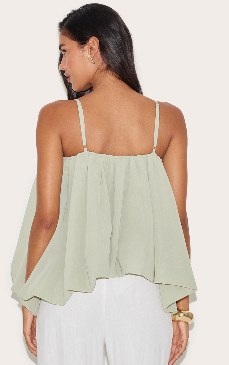 Sage Puffball Chiffon Spaghetti Strap Cami | Tops | PLT USA