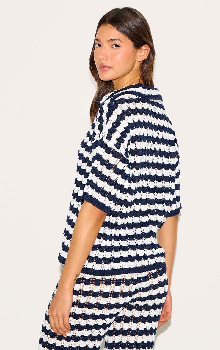 Navy Crochet Stripe Rugby Knit Top | Knitwear | PLT