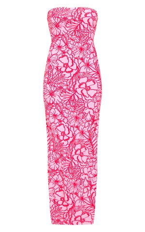 Pink Floral Printed Slinky Bandeau Maxi Dress | Dresses ...