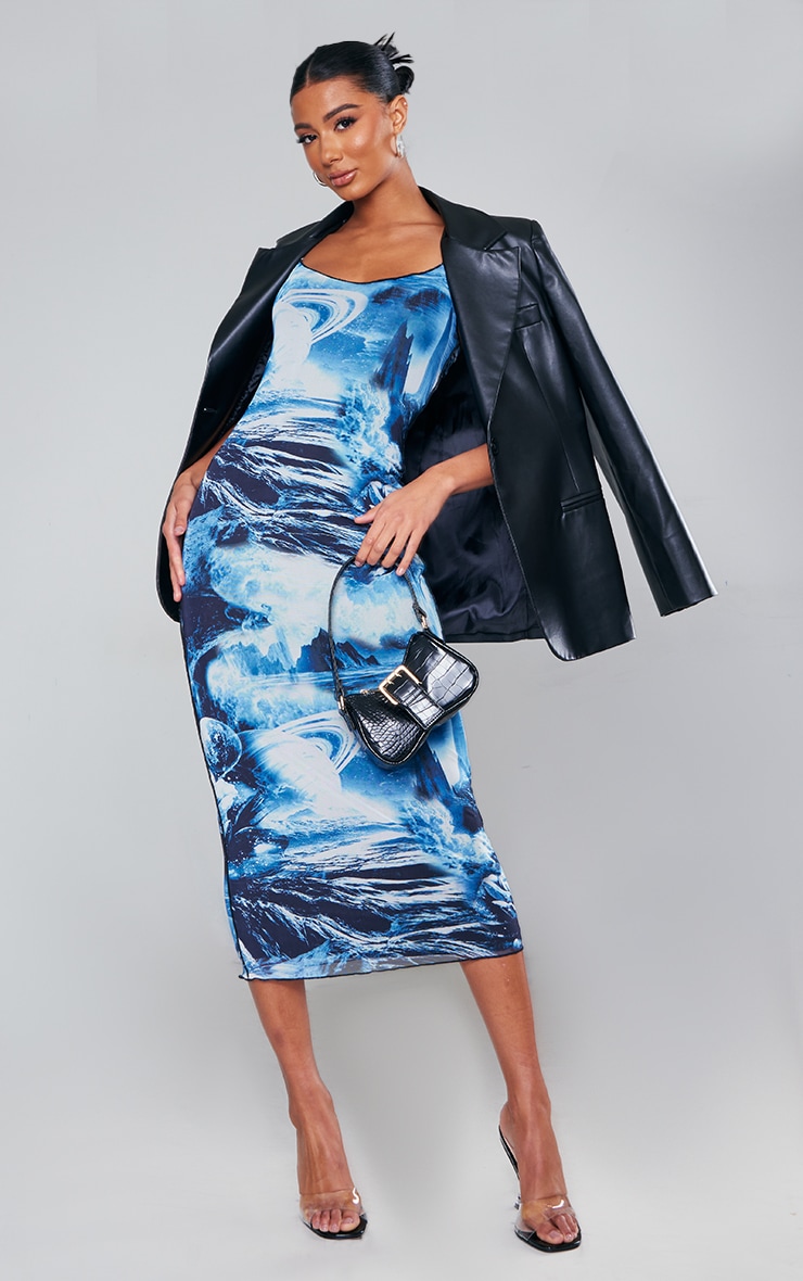 Blue Moon Print Mesh Tie Strap Midaxi Dress | PrettyLittleThing USA