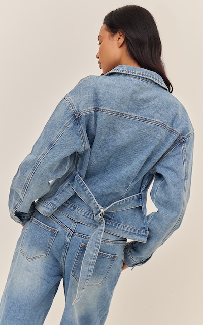 Mid Blue Wash Pleated Cinch Back Denim Jacket | Denim | PLT