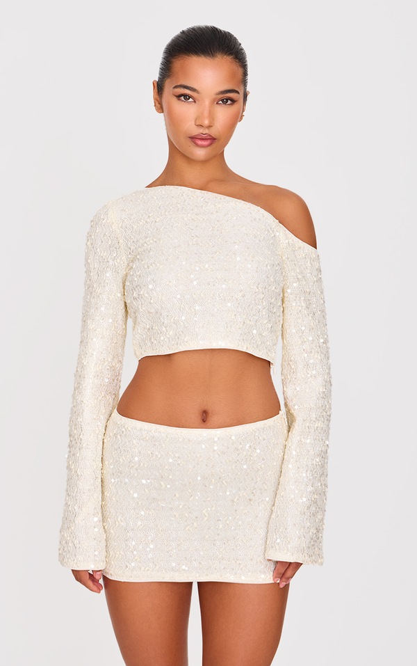 Cream Textured Sequin Micro Mini Skirt | Co-ords | PrettyLittleThing