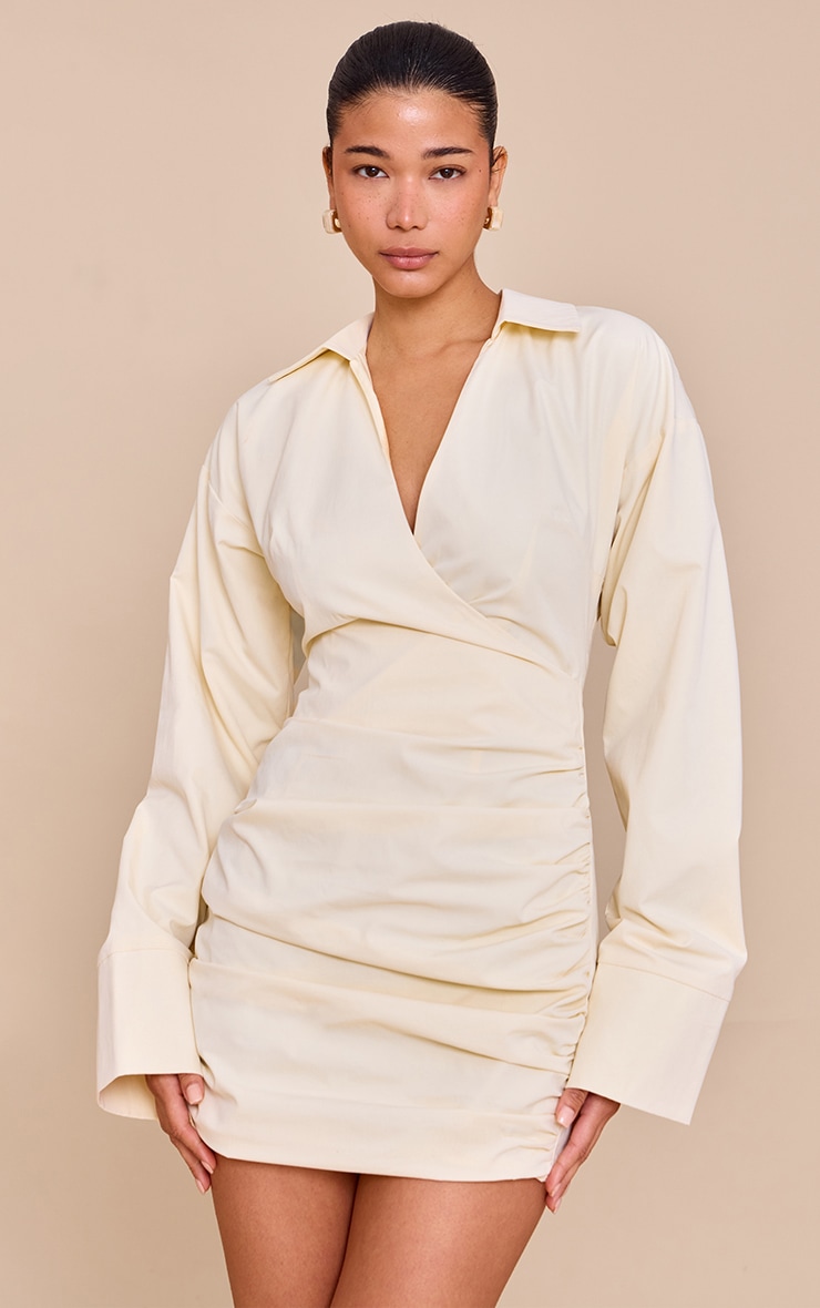 Butter Yellow Plunge Deep Cuff Shirt Dress | Dresses | PrettyLittleThing AUS