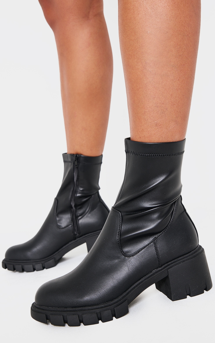 Black PU Round Toe Chunky Sole Sock Boots | Footwear | PLT