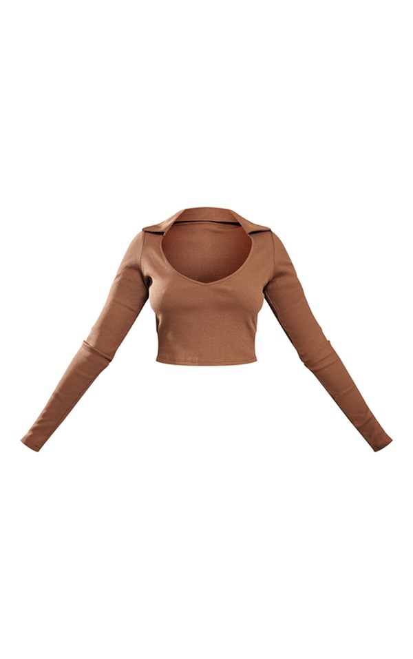 Chocolate Rib Collar Detail Long Sleeve Crop Top | Tops | PLT