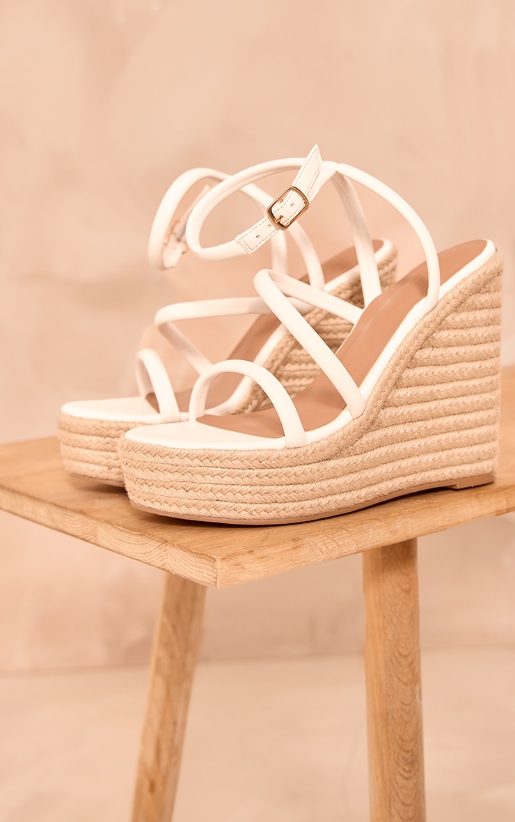 White Wide Fit Asymmetric Strap Platform Heel Wedges | Footwear | PLT