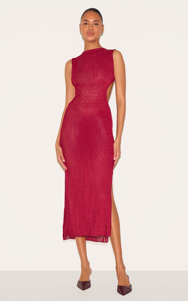 Burgundy Texture Extreme Back Cut Out Maxi Dress | Dresses ...