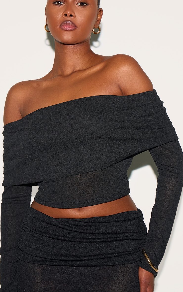 Black Burnout Fold Over Hem Long Sleeve Bardot Top | Co-ords | PrettyLittleThing