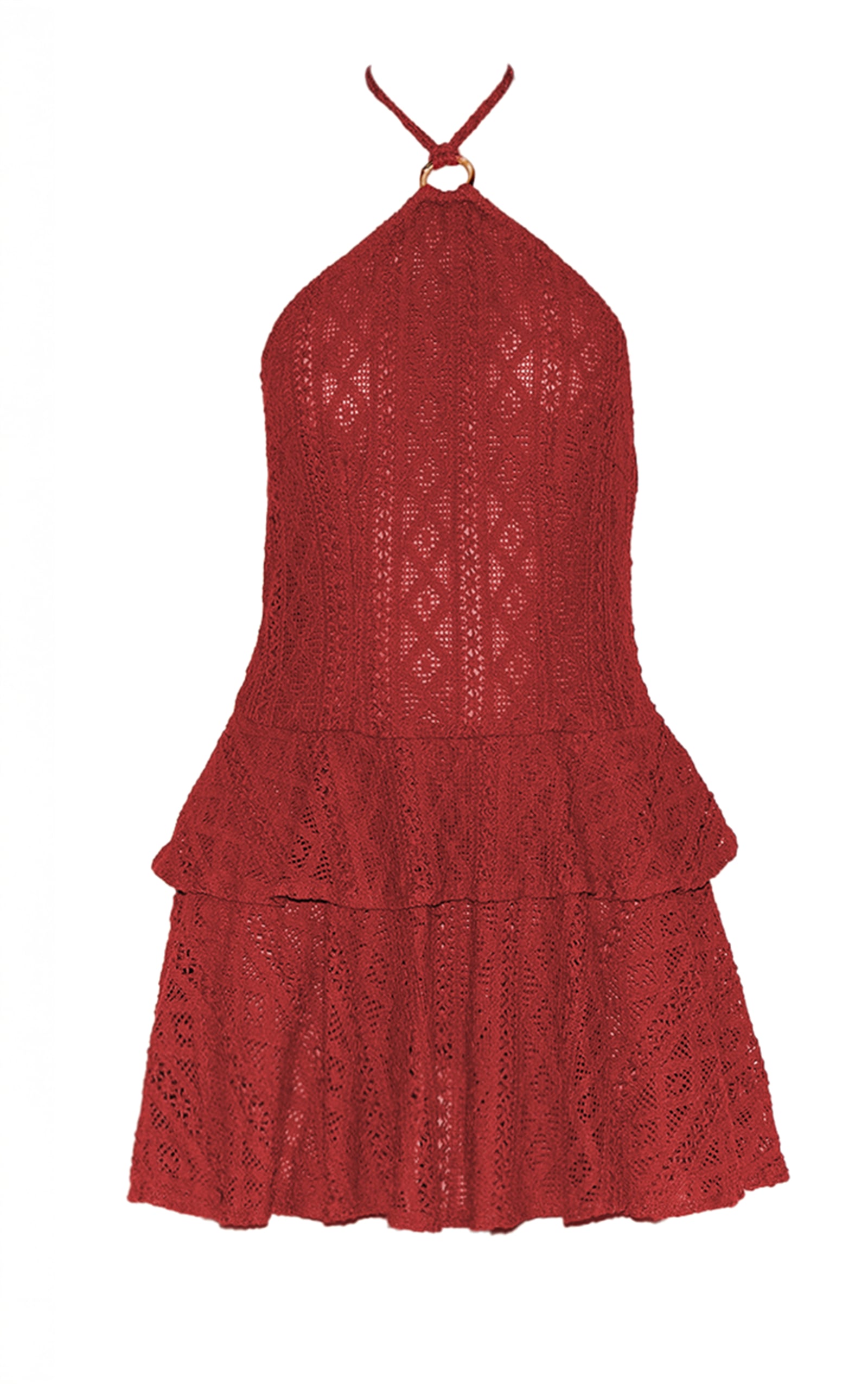 Rust Crochet Halterneck Frill Detail Shift Dress | Dresses | PLT USA