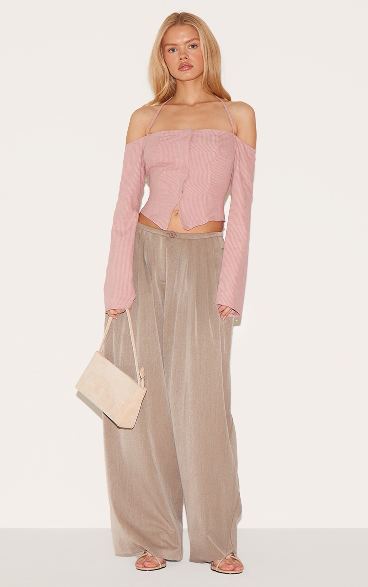 Pink Striped Bardot Peach Skin Flared Shirt | Tops | PLT USA