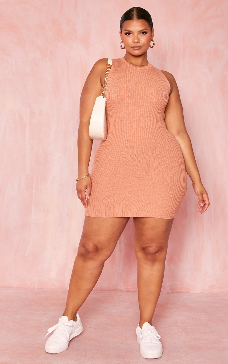 Plus Rust Knitted Sleeveless Bodycon Dress | Plus Size | PLT