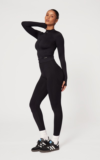 Black Seamless Rib Detail Jacket | Activewear | PrettyLittleThing