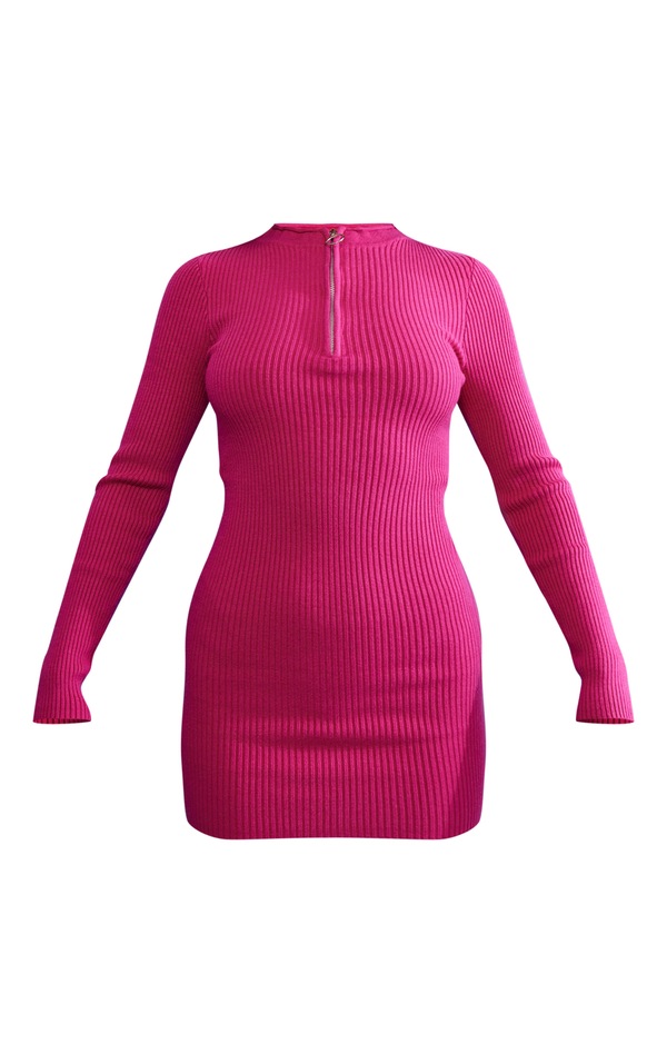 Bright Pink Zip Knitted Mini Dress | Knitwear | PrettyLittleThing AUS