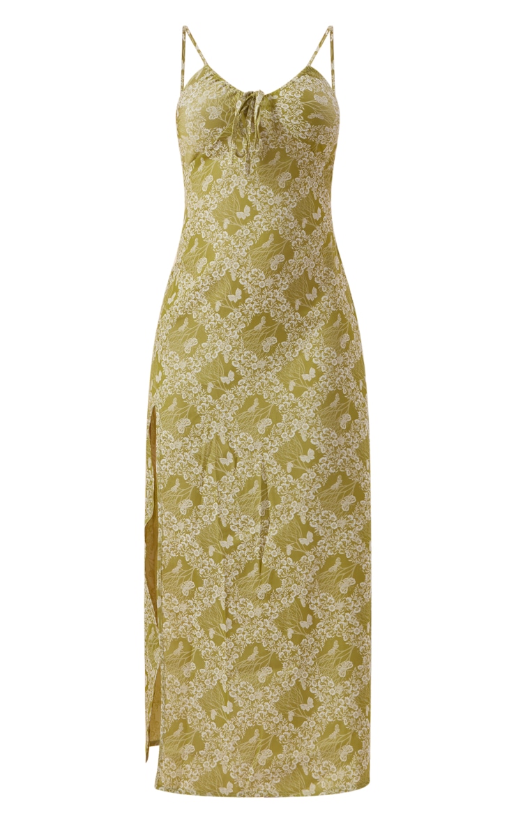 Sage Printed Ruched Seam Strappy Split Maxi Dress | PrettyLittleThing USA