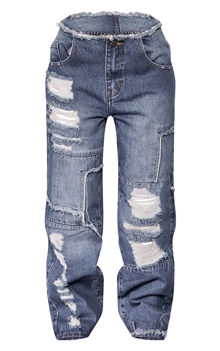 Petite Dark Blue Wash Distressed Patchwork Jeans | Petite | PLT