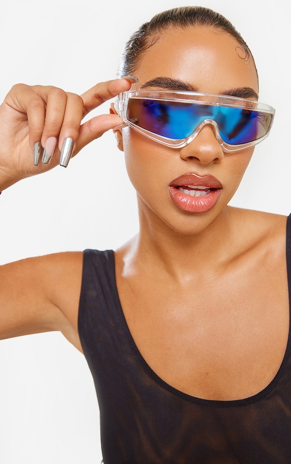 Blue Mirrored Curved Opaque Frame Visor Sunglasses | Accessories ...
