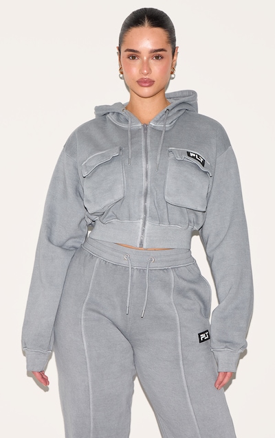 PLT Shape Grey Marl Washed Cargo Cropped Hoodie | Shape | PrettyLittleThing