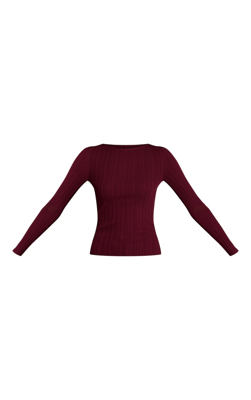 Burgundy Fine Knit Boat Neck Rib Knit Top | Knitwear | PLT