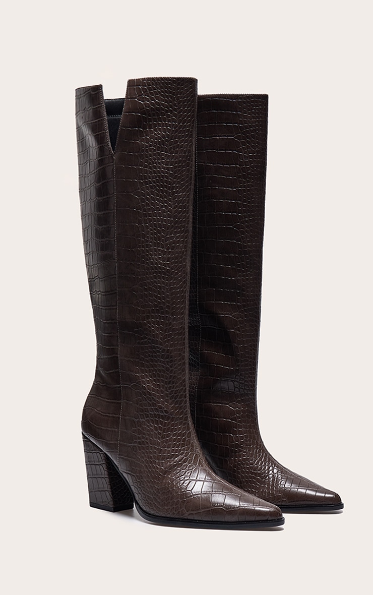 Chocolate Croc Block Heeled Knee High Boots | Footwear | PLT AUS
