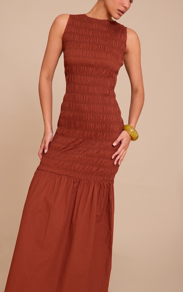 Chestnut Shirred Detail Drop Waist Maxi Dress | Dresses | PLT AUS