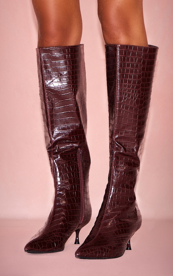 Burgundy Croc Point Toe Low Heel Knee High Boots | Footwear ...