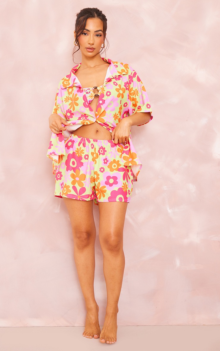 Yellow Mixed Floral Print Button Up Beach Shirt | Swimwear | PLT