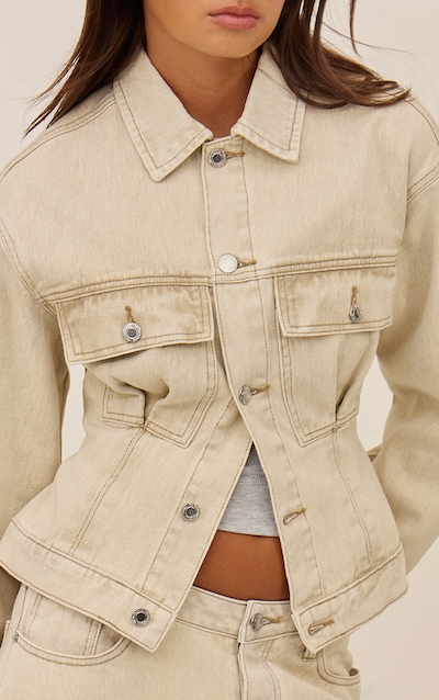 Light Stone Pleated Cinch Back Denim Jacket | Denim | PLT USA