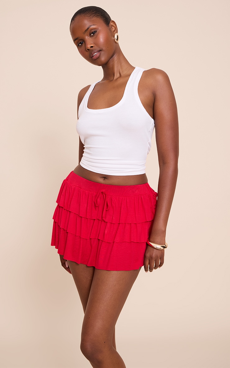 Red Layered Ruffle Micro Mini Skirt | Bottoms | PrettyLittleThing USA