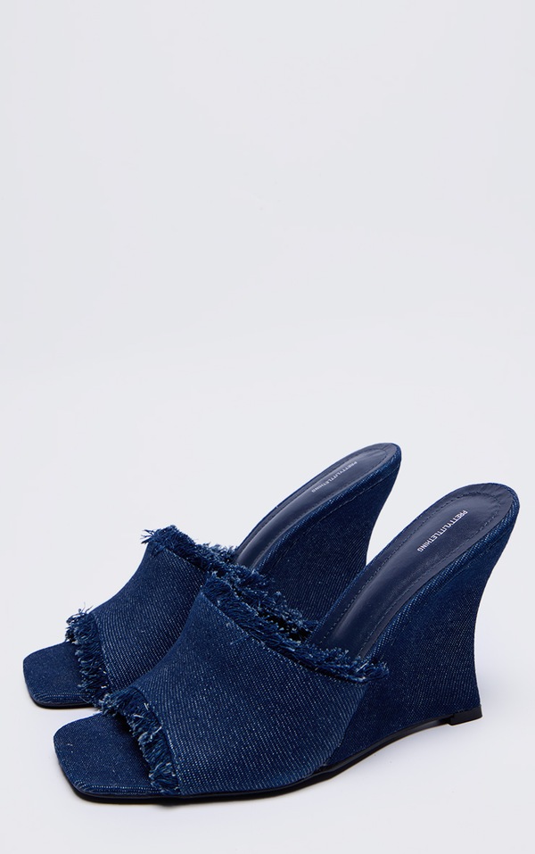 Denim Square Toe Wedge Heeled Sandals | Footwear | PrettyLittleThing USA