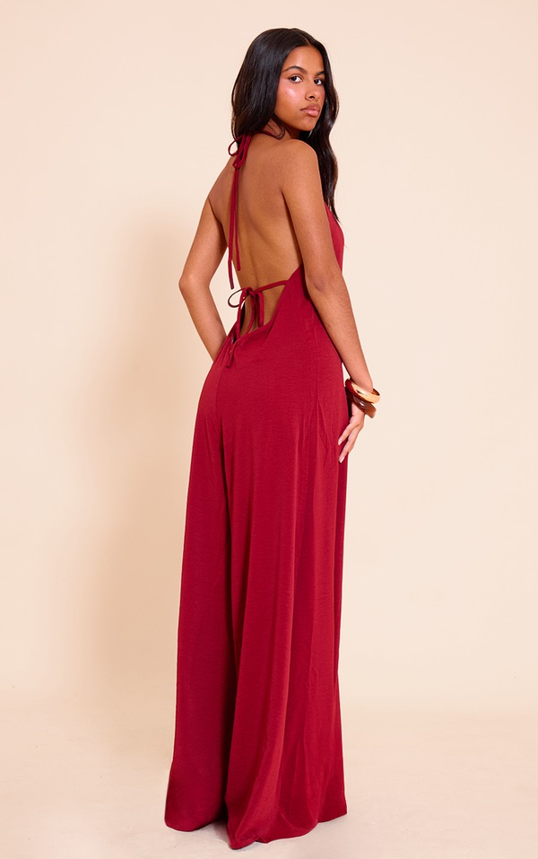 Petite Deep Red Floaty Backless Extreme Jumpsuit | Petite | PLT USA
