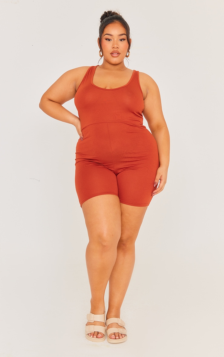 Plus Rust Plunge Front Unitard | Plus Size | PrettyLittleThing