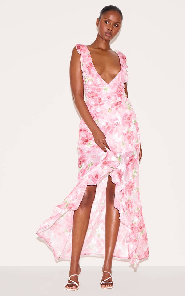 Pink Floral Chiffon Frill Strappy Maxi Dress | Dresses ...