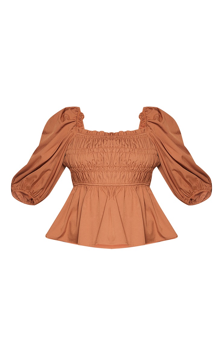 Plus Brown Shirred Puff Sleeve Blouse | Plus Size | PLT