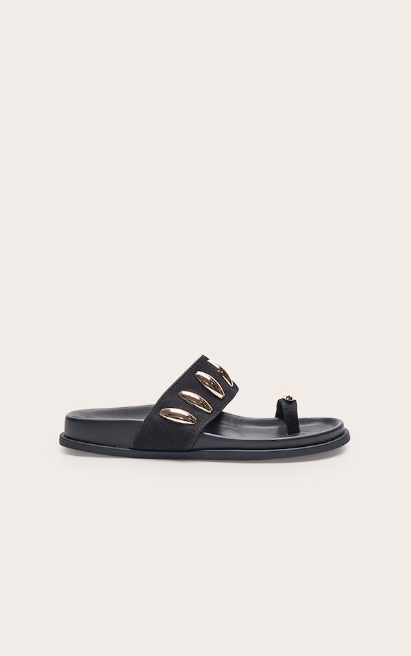 Black Toe Ring Gold Hardware Footbed Sandal | Footwear | PLT