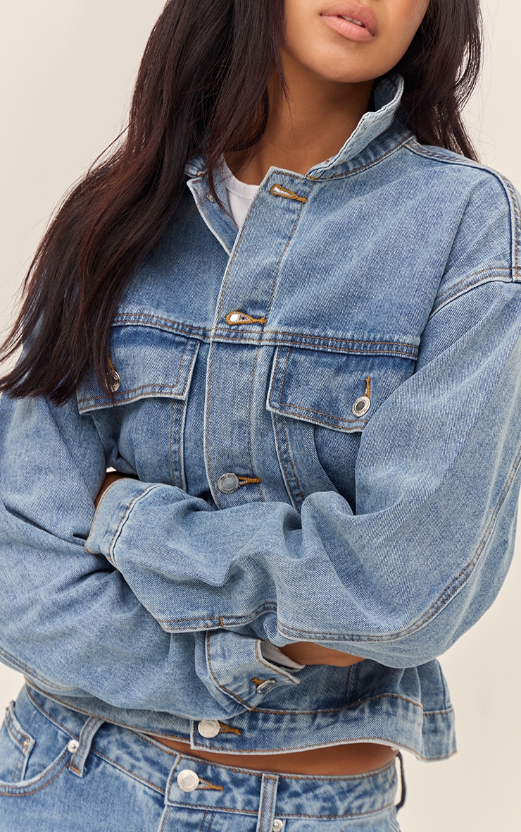Mid Blue Wash Pleated Cinch Back Denim Jacket | Denim | PLT USA