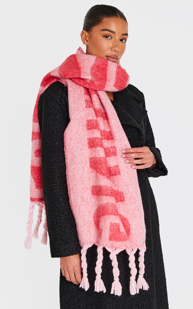 PLT Pink Reversable Logo Blanket Tassel Scarf | Accessories ...