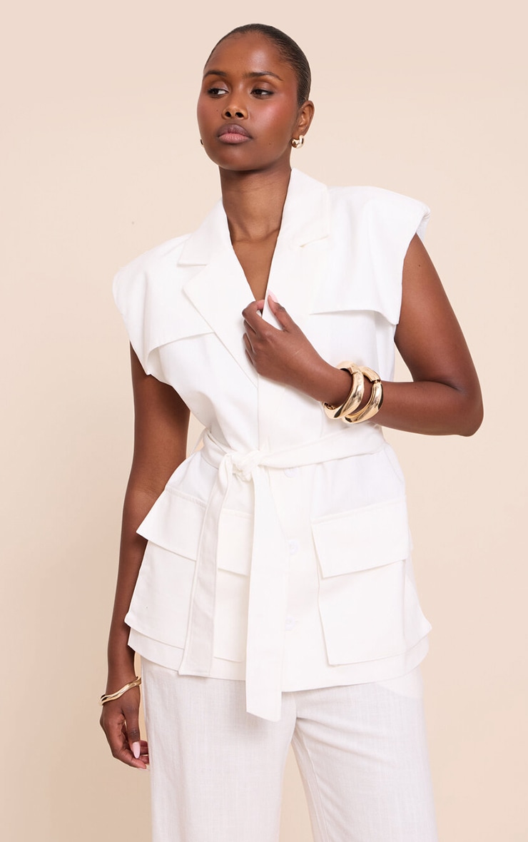 Cream Utility Style Linen Look Tie Waist Waistcoat | Outerwear ...