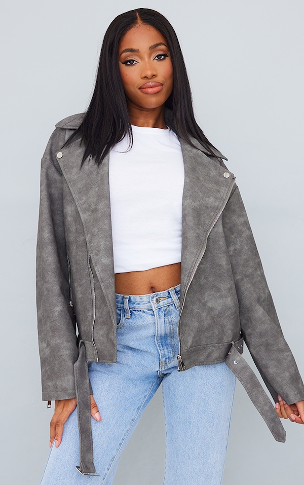 Tall Grey Washed Look Biker Jacket | Tall | PLT