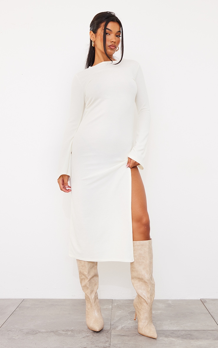 Cream Brushed Rib Flare Sleeve Midaxi Dress | PrettyLittleThing USA