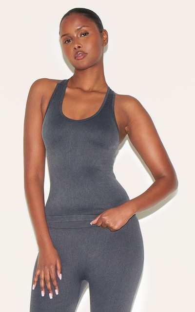 Charcoal Acid Wash Rib Halter Neck Gym Top | Activewear | PrettyLittleThing