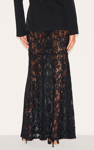 Black Floral Lace Sheer Maxi Skirt | Bottoms | PLT