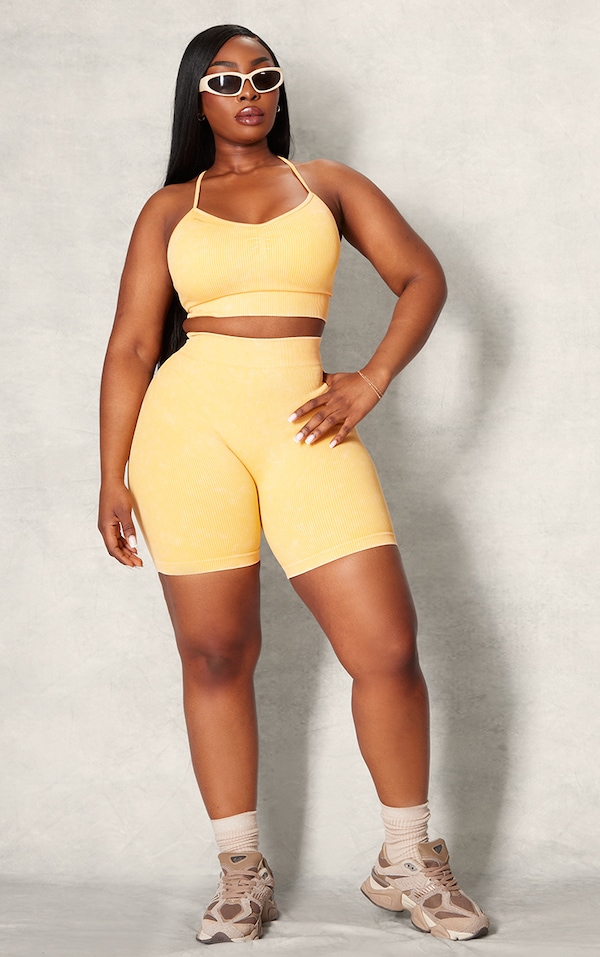 PLT Plus Mustard Acid Wash Rib Longline Cage Back Bra | Athleisure | PLT