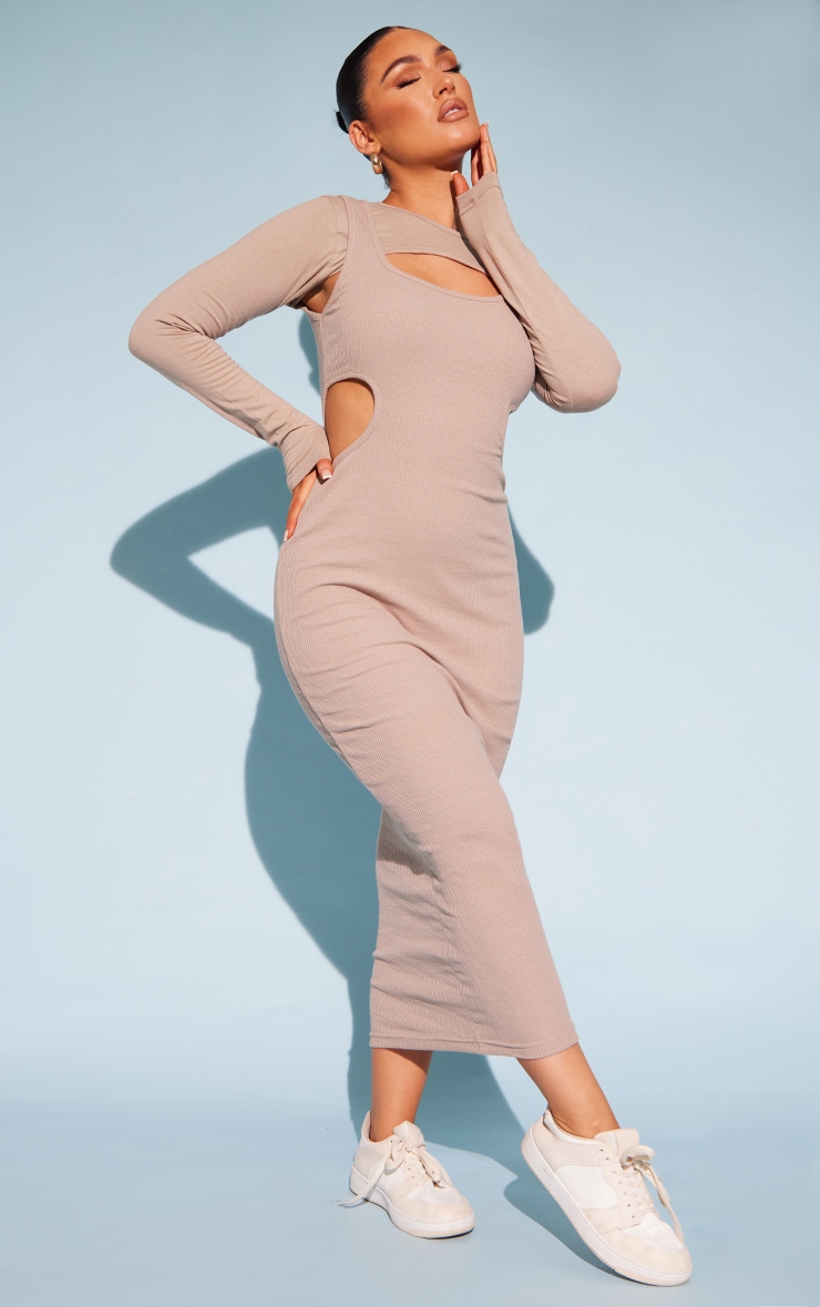 Mocha Rib Contrast Cut Out Midaxi Dress | PrettyLittleThing USA