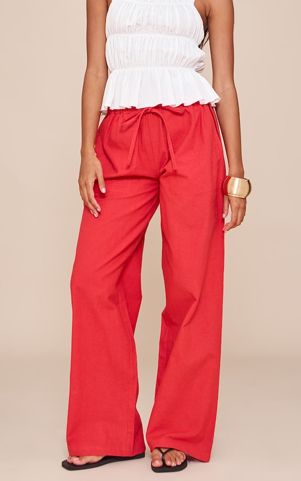 Tomato Red Linen Drawstring Waist Pants | Bottoms | PrettyLittleThing USA