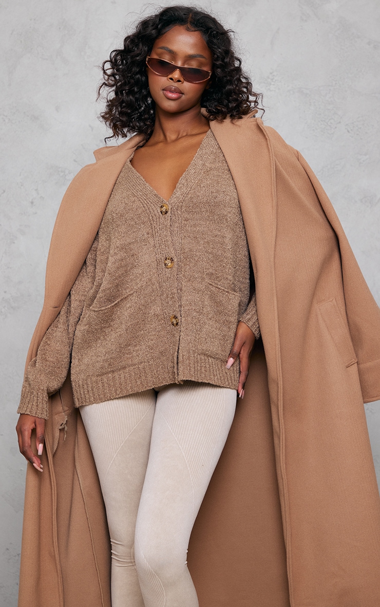 Mocha Boucle Knit Oversized Button Cardigan | PrettyLittleThing USA