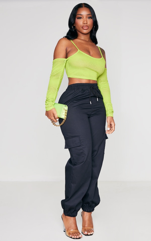 Shape Neon Green Fishnet Cold Shoulder Crop Top | Shape | PLT