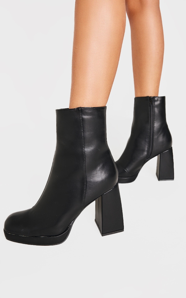Black PU Square Toe Block Heeled Ankle Boots | Footwear ...