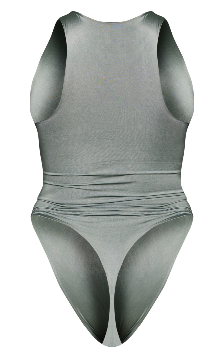 Moss Khaki Slinky Racer Bodysuit | Tops | PrettyLittleThing USA